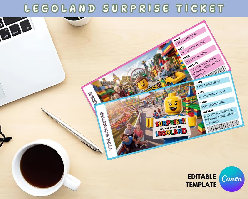 Surprise LEGOLAND Theme Park Trip Reveal Ticket Template, Editable ...