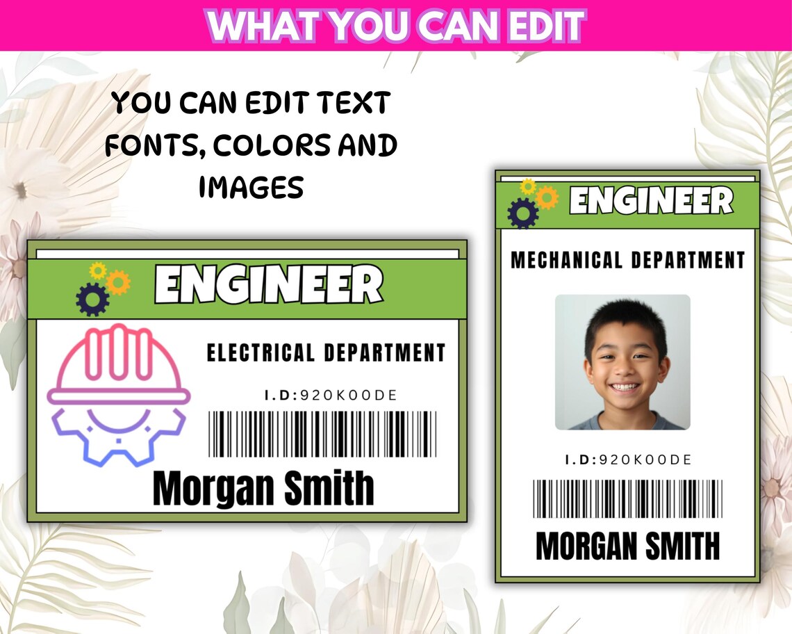 Editable Engineer ID Badge Template, Printable Name Tag, Custom Work ID ...