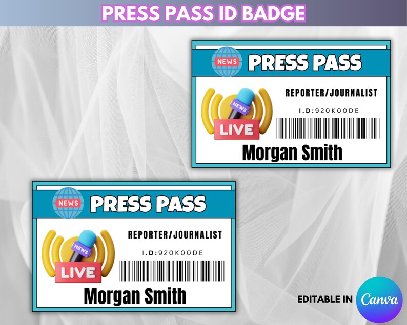 Editable Press Pass ID Badge Template, Printable Journalist Name Tag ...