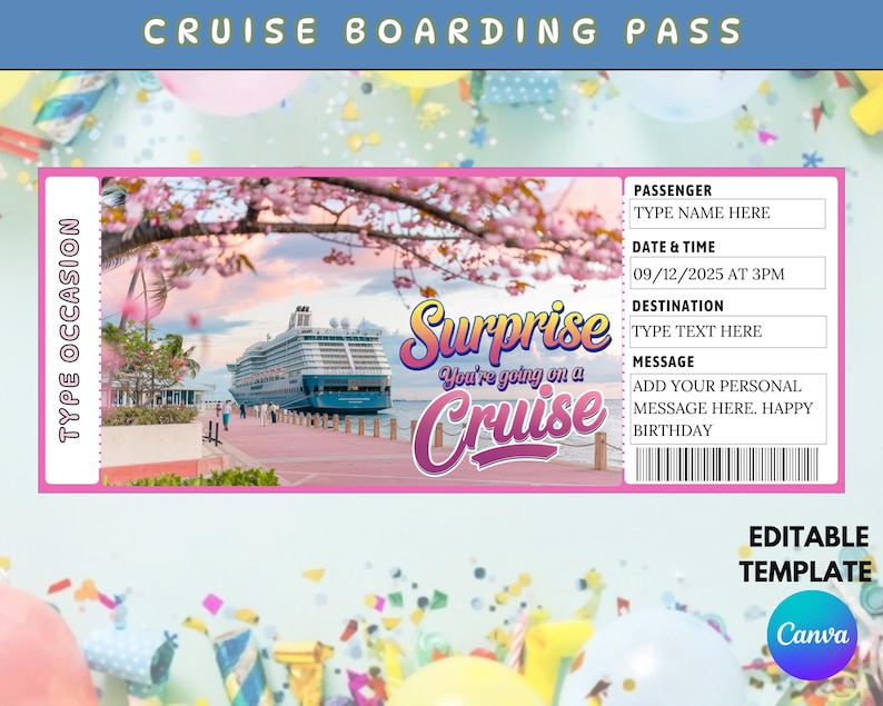Editable Cruise Ticket Template: DIY Surprise Vacation Boarding Pass ...