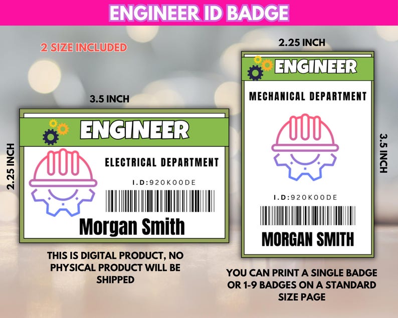 Editable Engineer ID Badge Template, Printable Name Tag, Custom Work ID ...