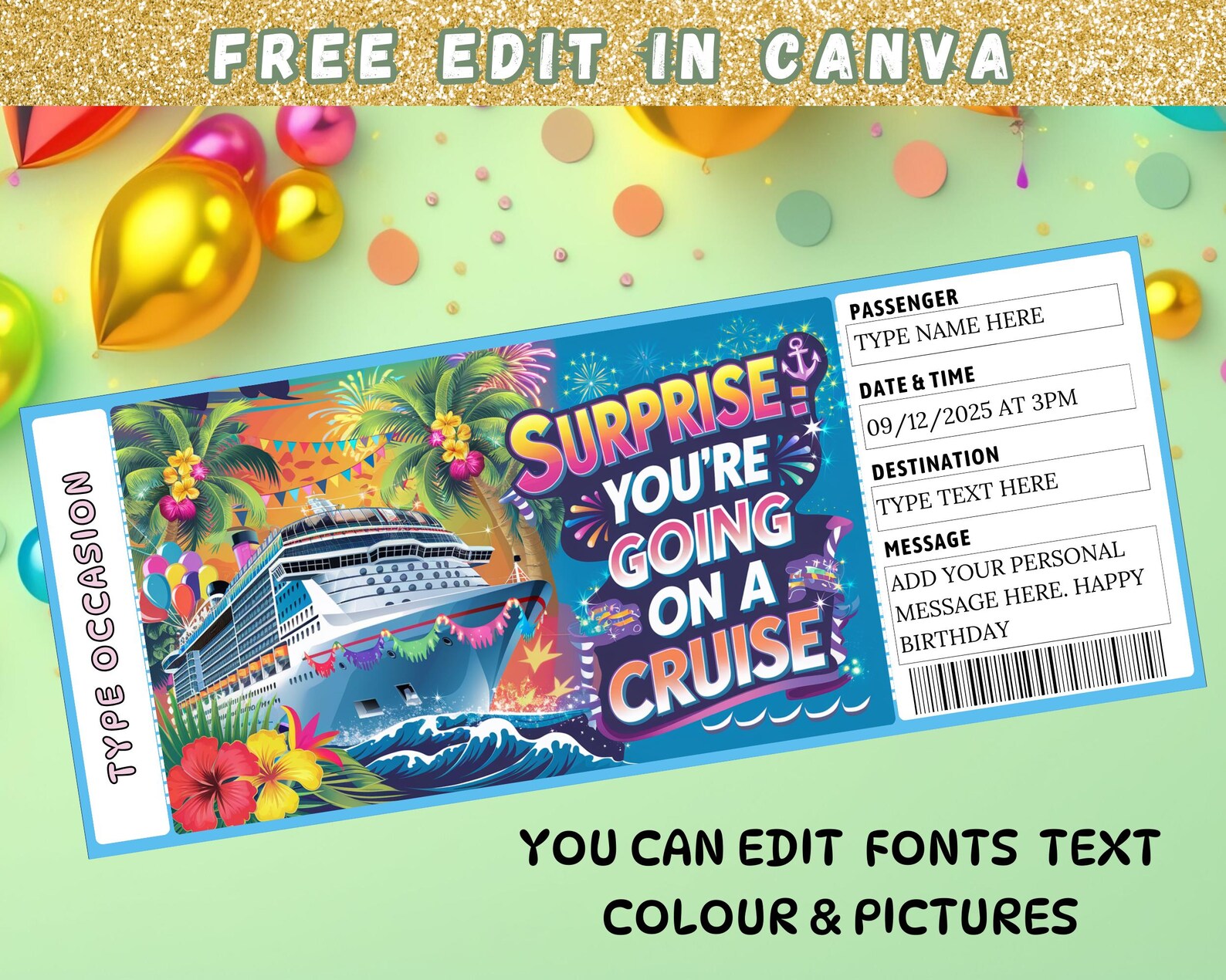 Editable Cruise Ticket Template: DIY Surprise Vacation Boarding Pass ...