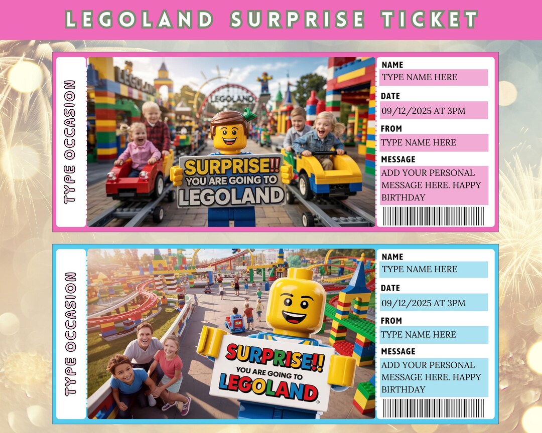 Surprise LEGOLAND Theme Park Trip Reveal Ticket Template, Editable ...