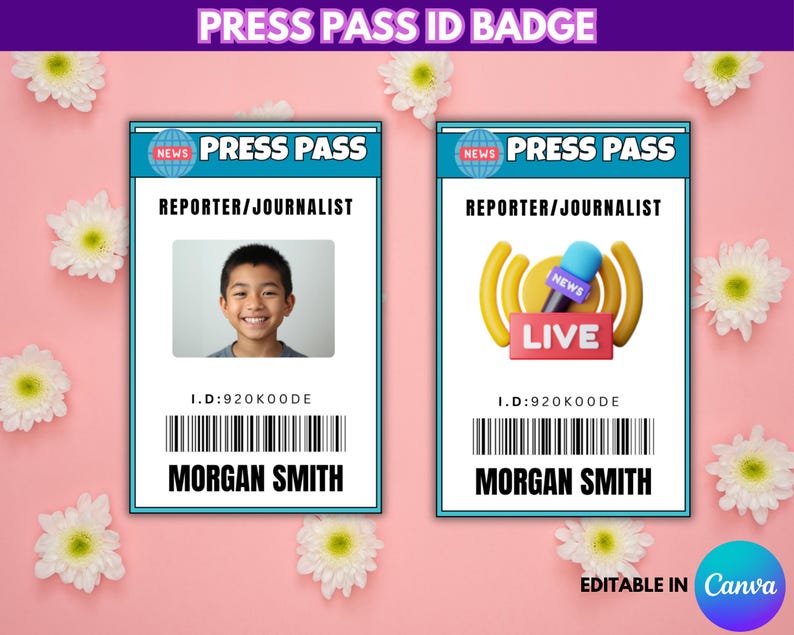 Editable Press Pass ID Badge Template, Printable Journalist Name Tag ...