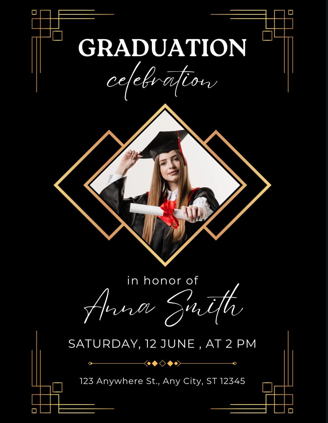 Bold Black & Gold Graduation Invitation Template | Editable Canva ...