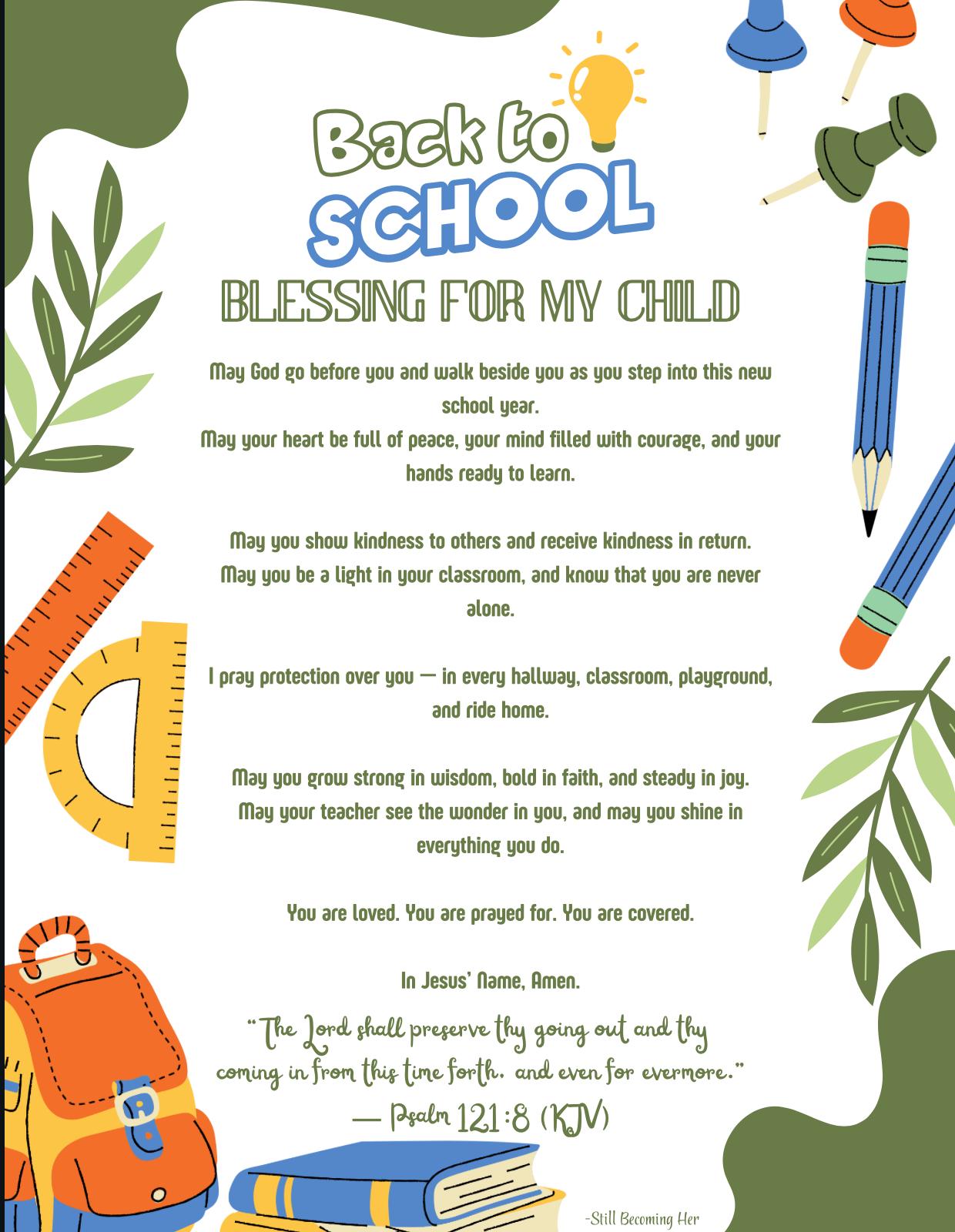 Back-to-school Blessing for My Child | Christian Printable Prayer ...