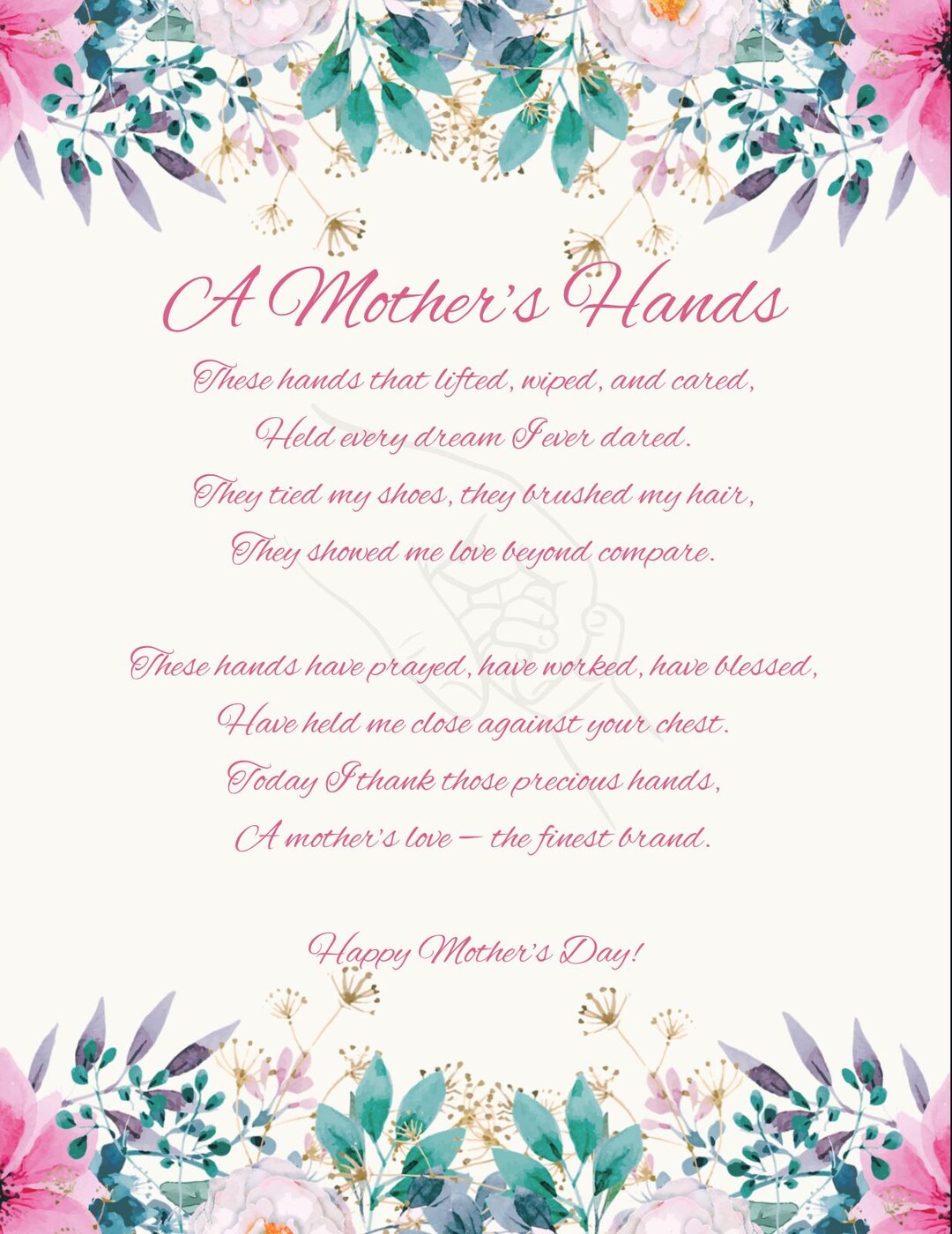 Mother’s Day Poem Printable – A Mother’s Hands – Instant Download Gift ...
