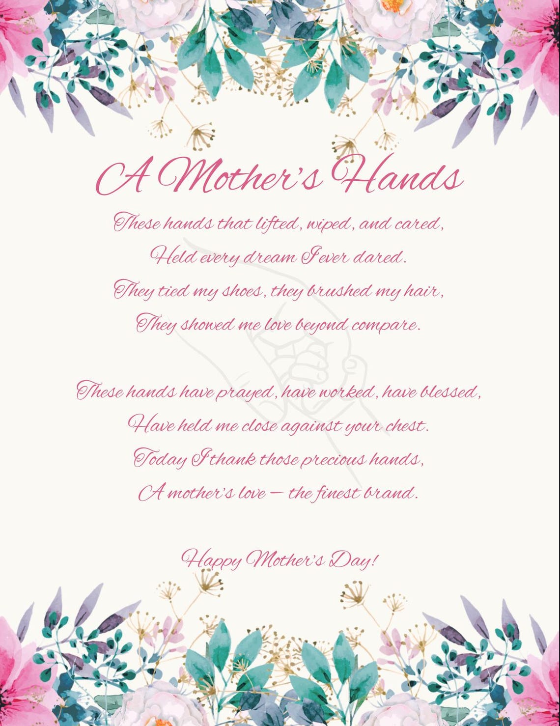 Mother’s Day Poem Printable – A Mother’s Hands – Instant Download Gift ...