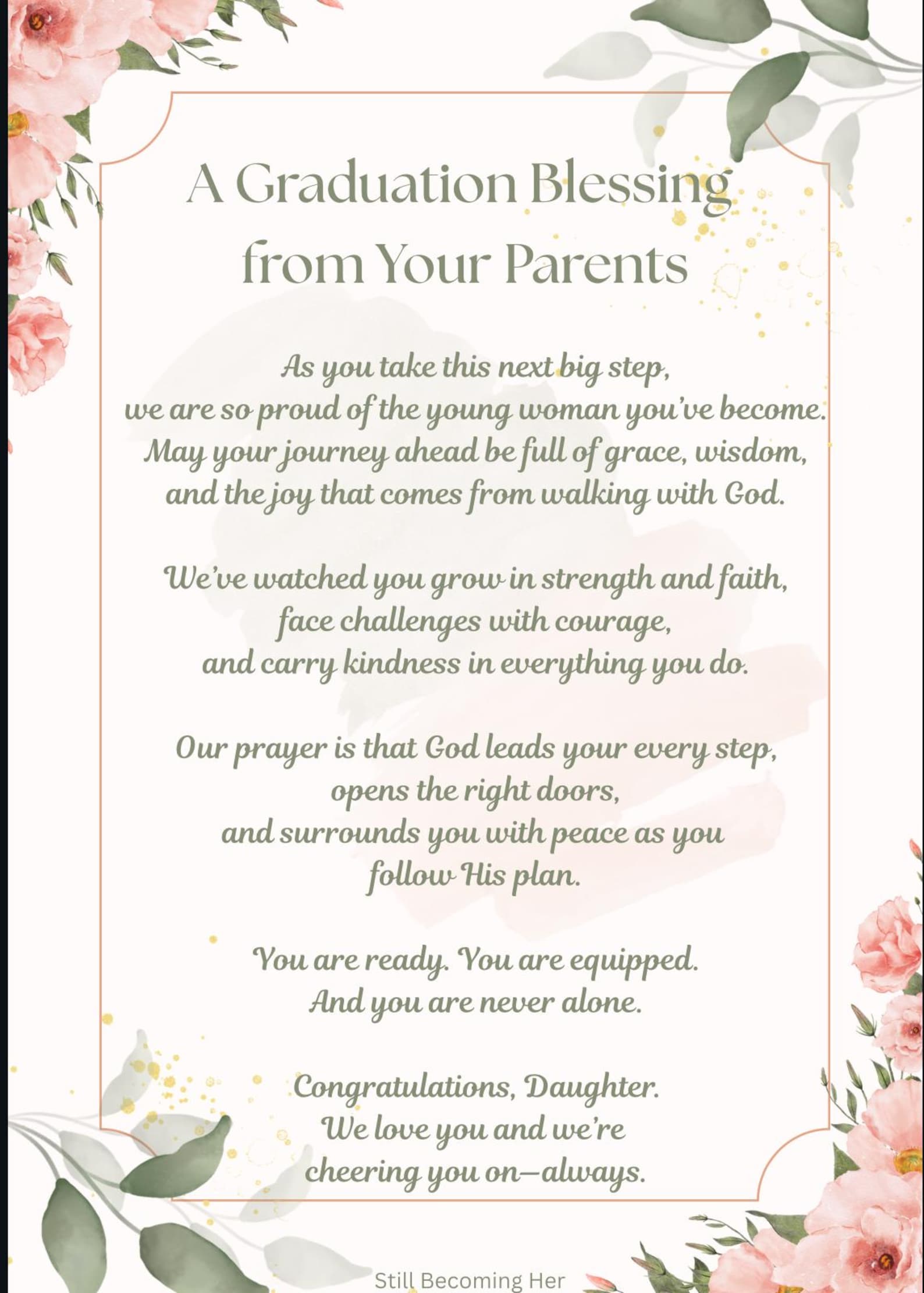 Graduation Blessing From Parents to Daughter - Christian Printable Gift ...
