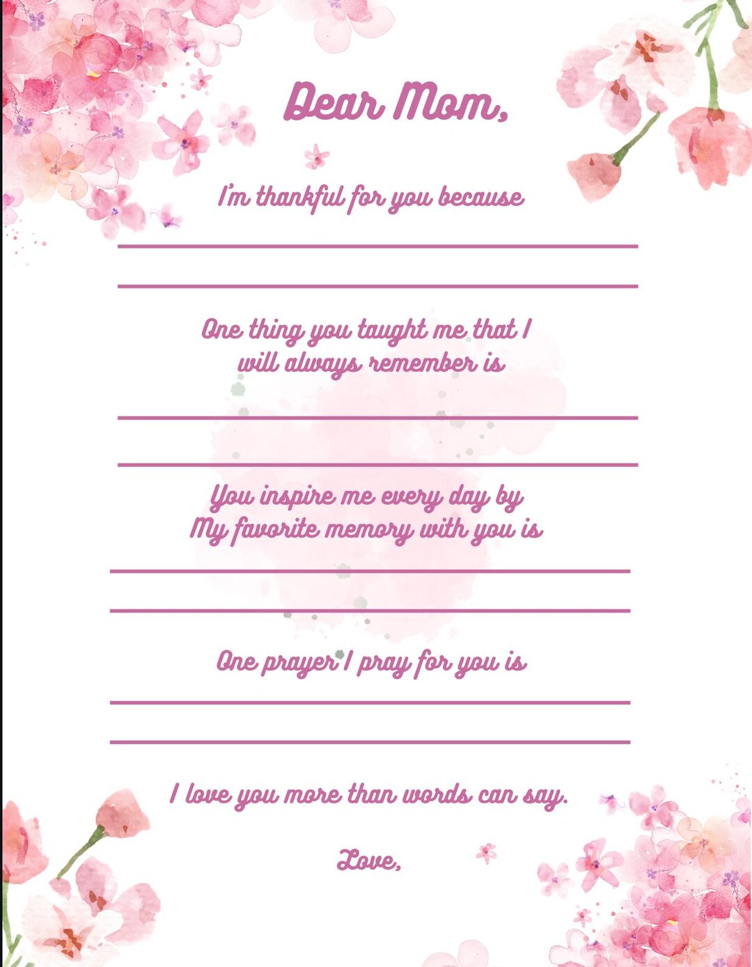 Mother’s Day Gratitude Letter Printable – Dear Mom Fill-in-the-blank ...