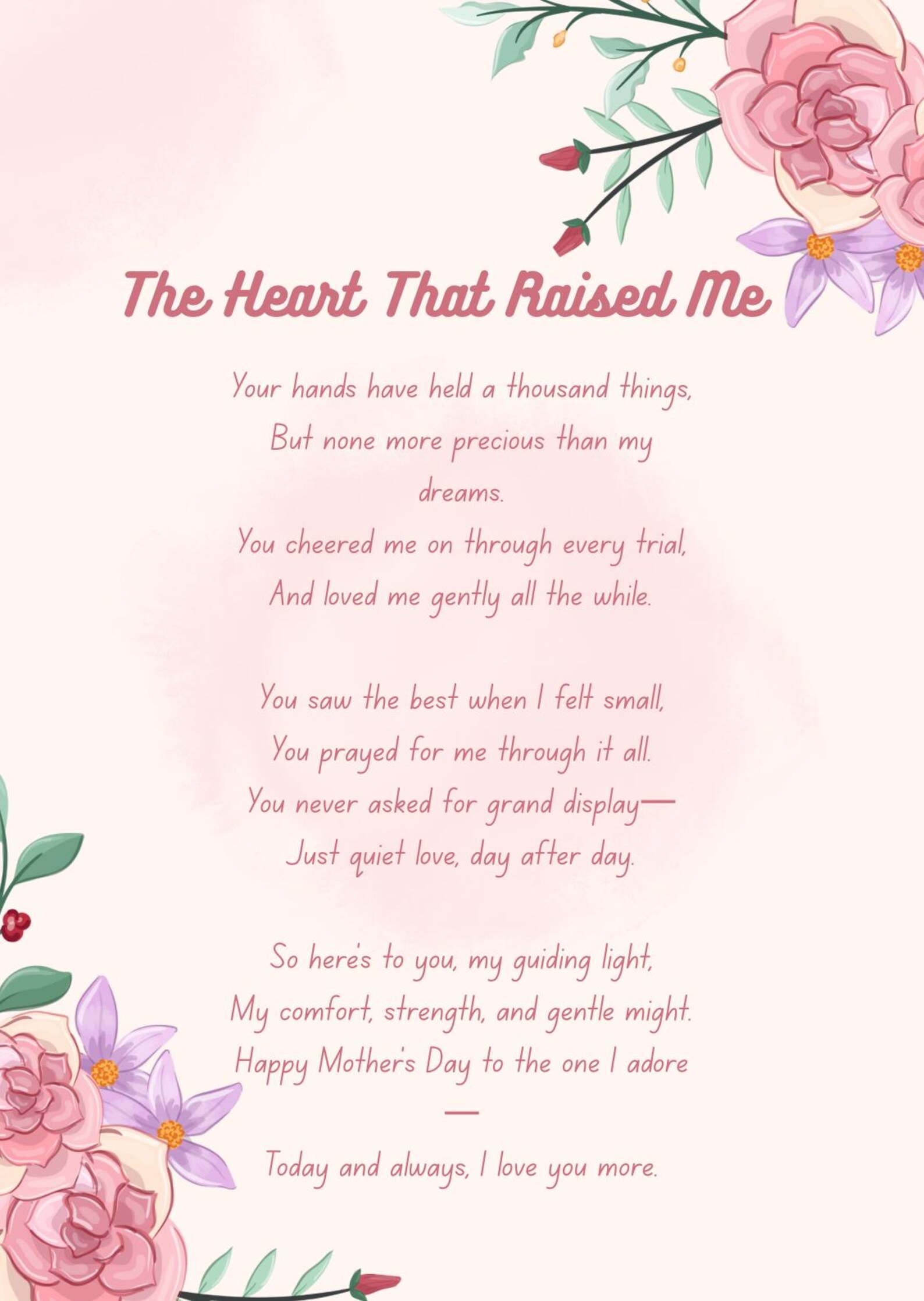 Mother’s Day Poem Printable – “the Heart That Raised Me” – Instant ...