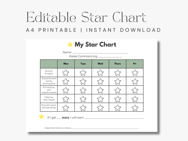Editable Star Reward Chart for Kids: A4 Printable (digital Download) - Etsy
