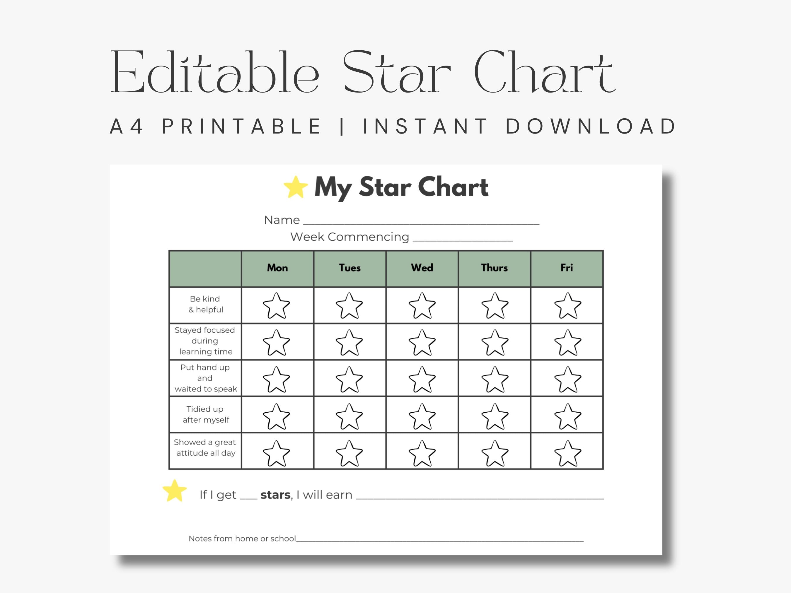 Editable Star Reward Chart for Kids: A4 Printable (digital Download) - Etsy