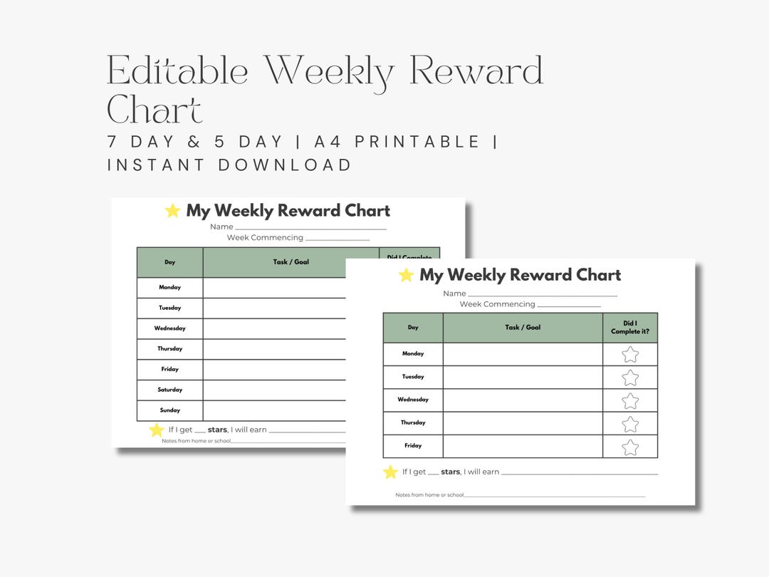 Weekly Reward Chart for Kids | Printable 5 & 7 Day Versions | Editable ...
