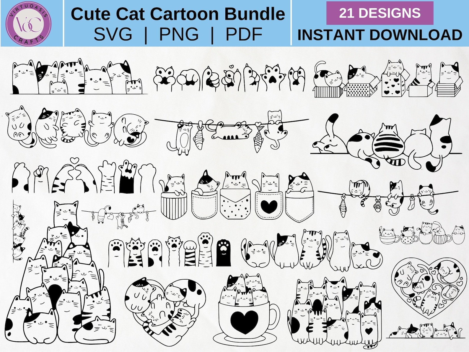 Kawaii Cat Cartoon Bundle Animals With Flowers, Leaves, SVG for Cut ...