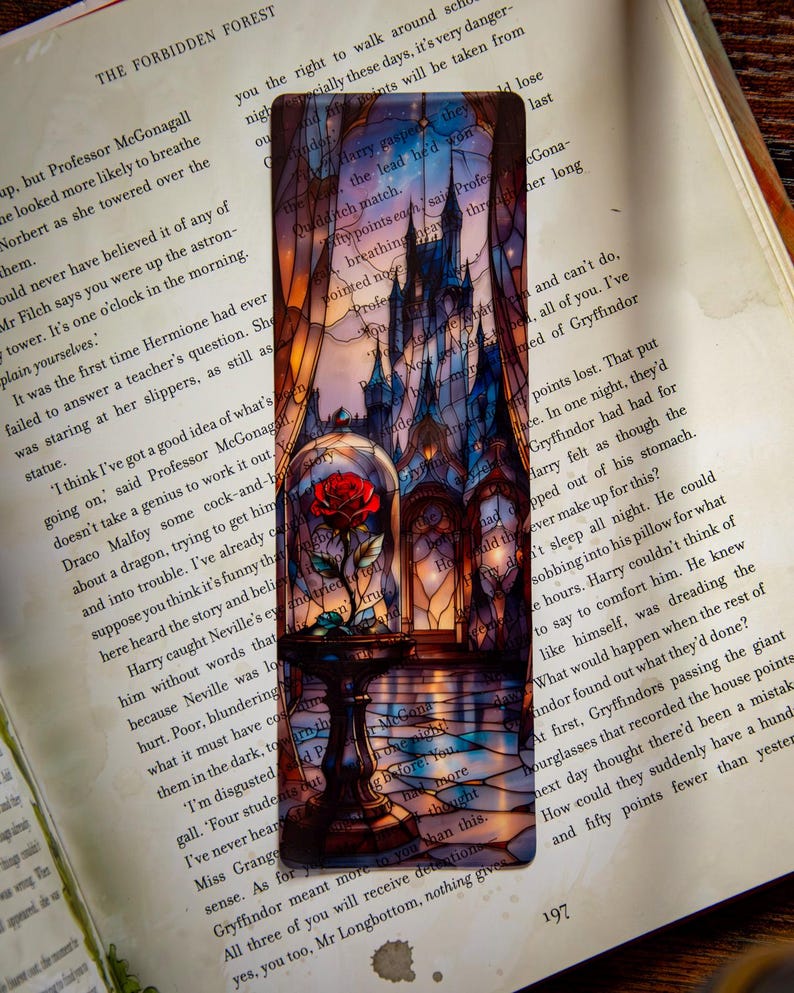 Beauty and the Beast–inspired Stained Glass Rose & Castle Bookmark – Transparent - Etsy