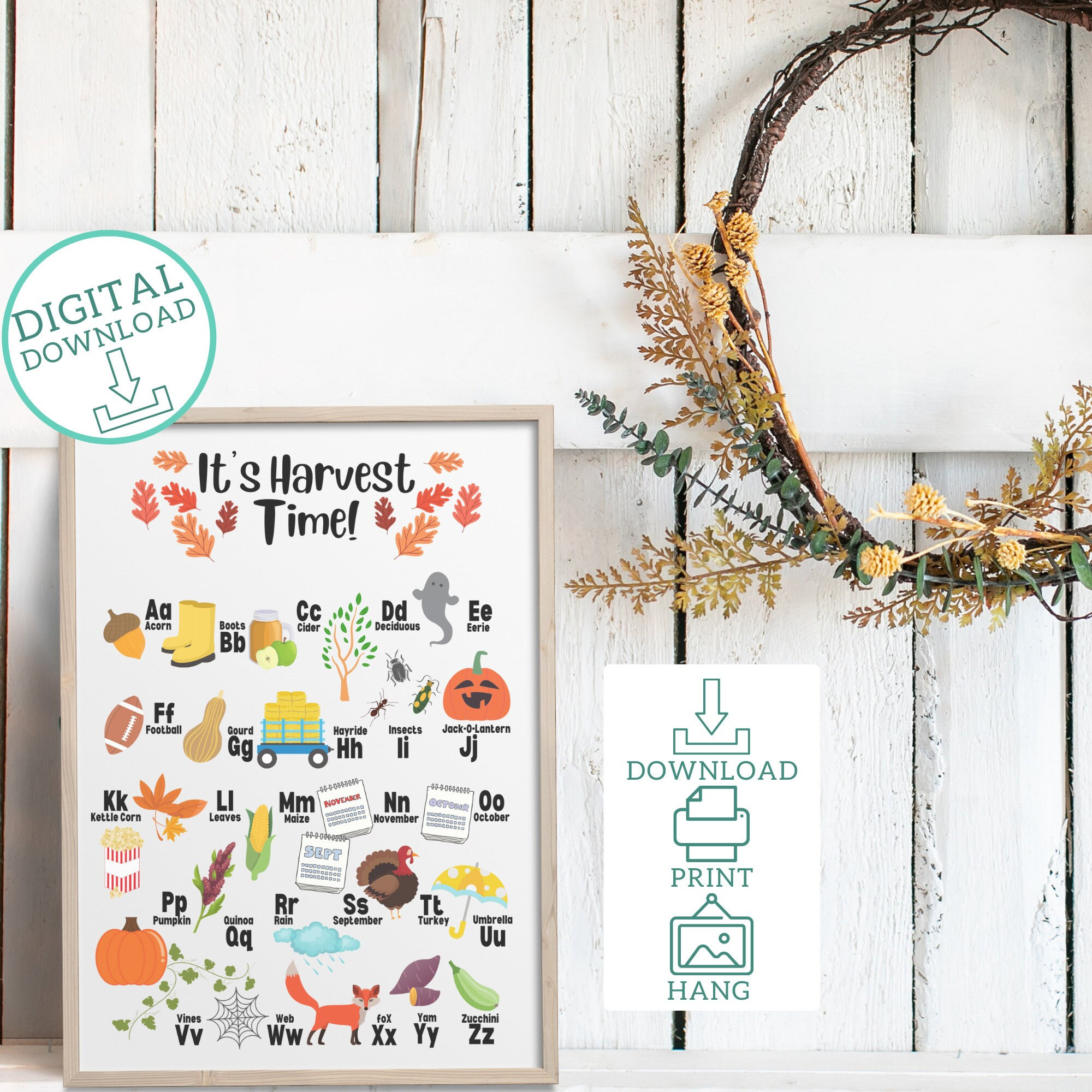 Harvest Alphabet Print, Fall ABC Poster, Fall Printable Art, Harvest ...