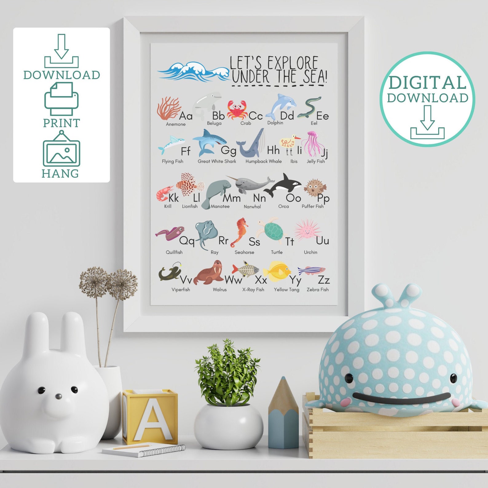 Ocean Alphabet Print, Nautical ABC Poster, Sea Animal Printable Art ...
