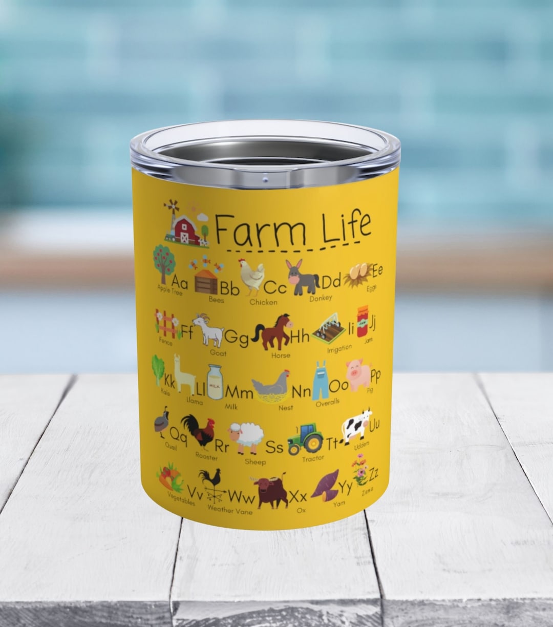 Farm Life Alphabet ABC A-Z Stainless Steel Kid's Cup With Lid 10oz ...