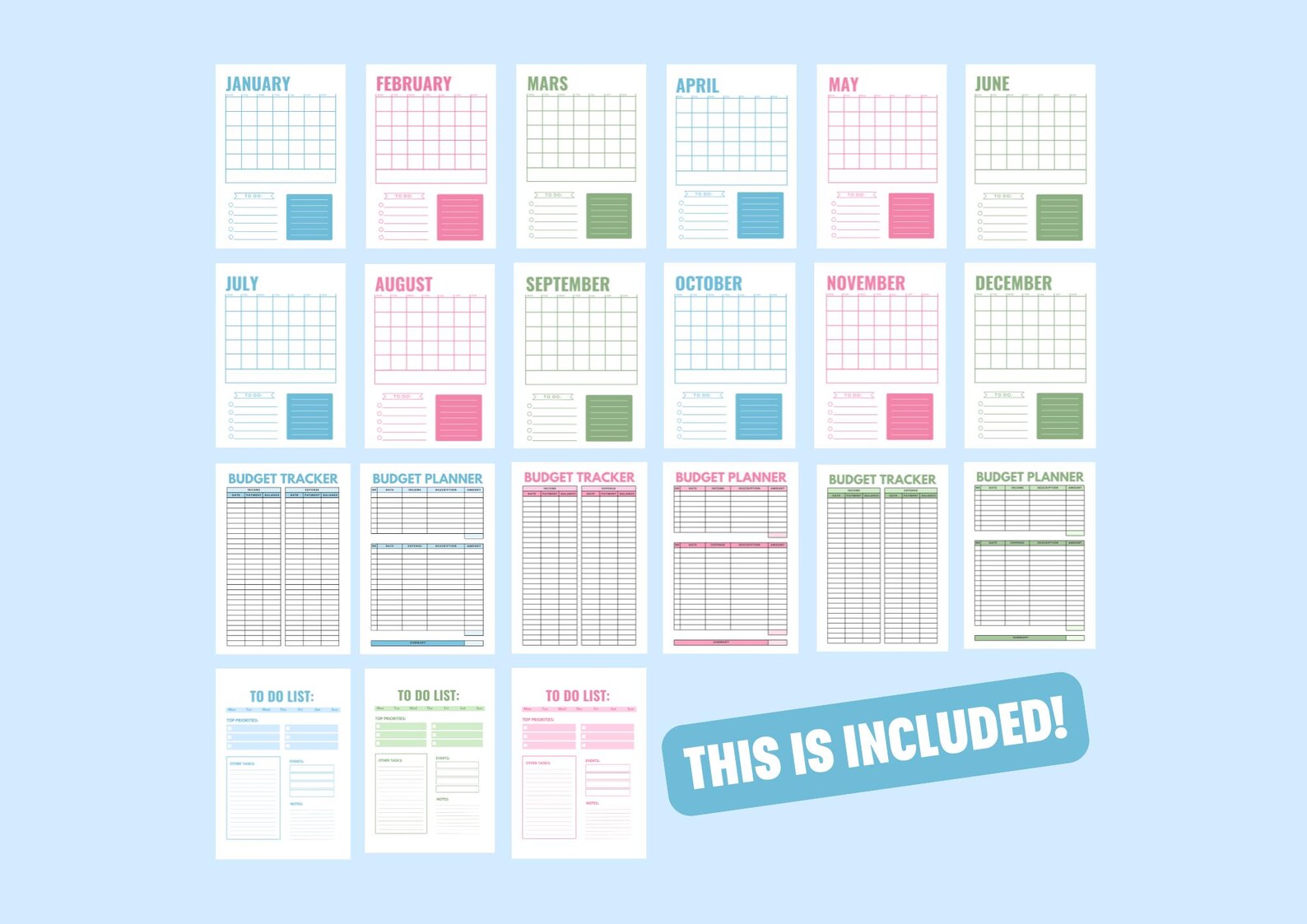 Undated Printable Planner Set – Monthly Calendar, to Do List & Budget ...