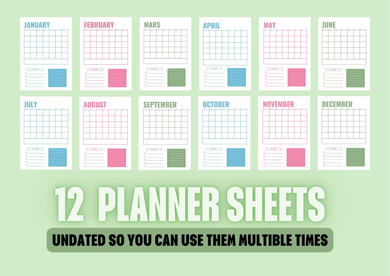 Undated Printable Planner Set – Monthly Calendar, to Do List & Budget ...