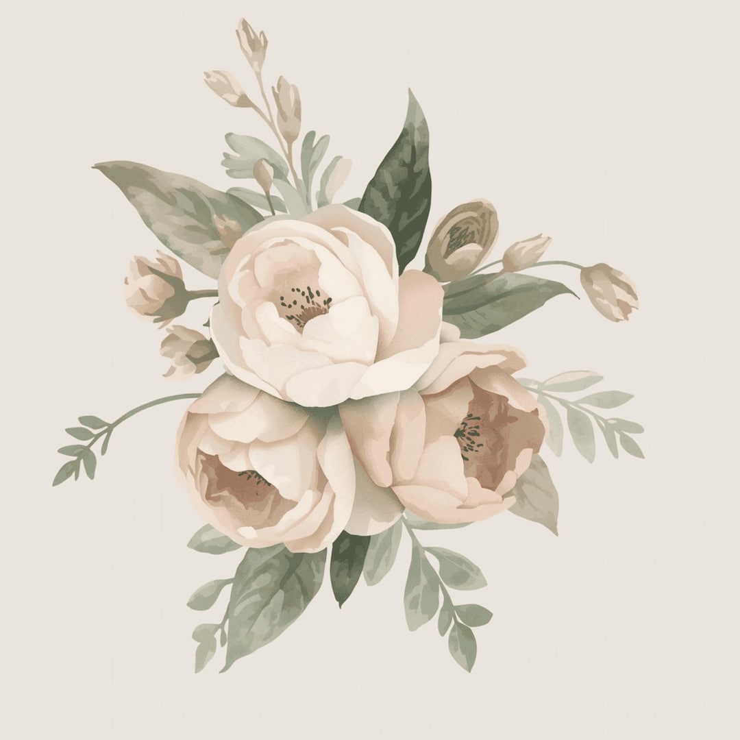 Neutral Rose Floral Clipart of 5 Printable Design, Beige Blush Flower ...