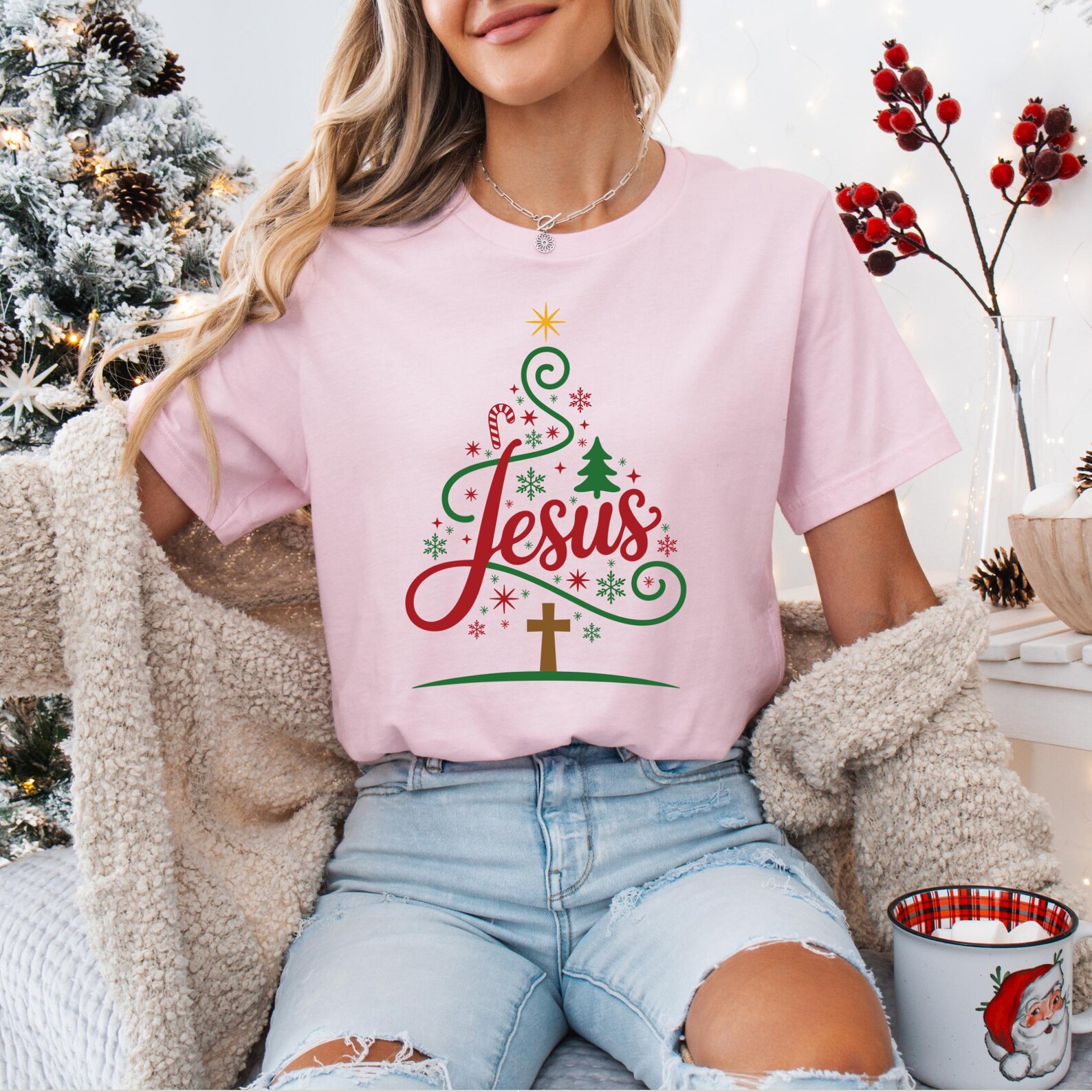 Jesus Christmas Tree Tshirt: Christian Christmas Sweatshirt, Snowflakes ...