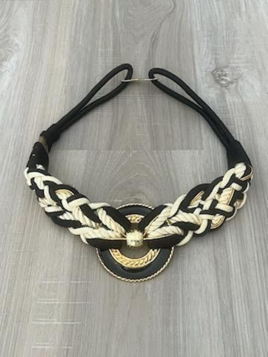 VTG Black off White Twisted Braided Rope Gold Engraved Metal Circular ...