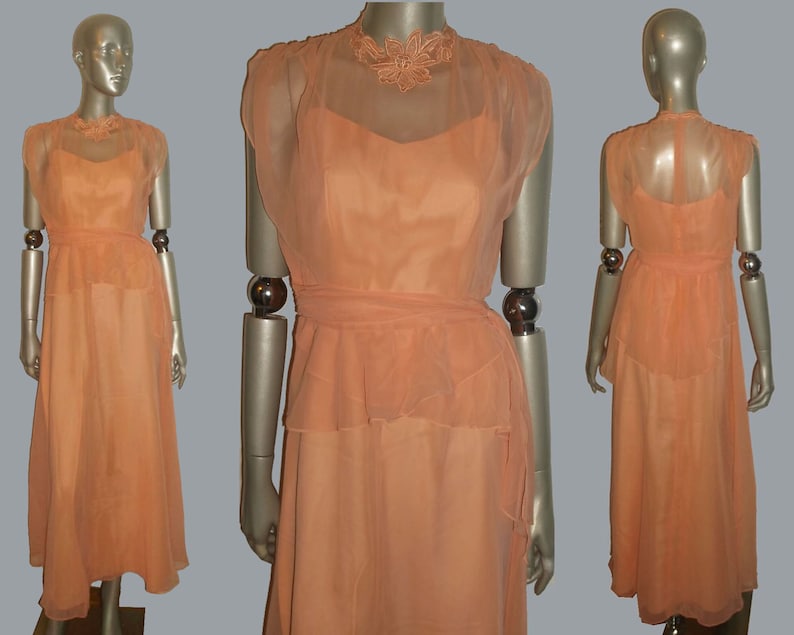 Vintage Peach See Thru Sheer Chiffon Strappy Blouson Overlay Shirred ...