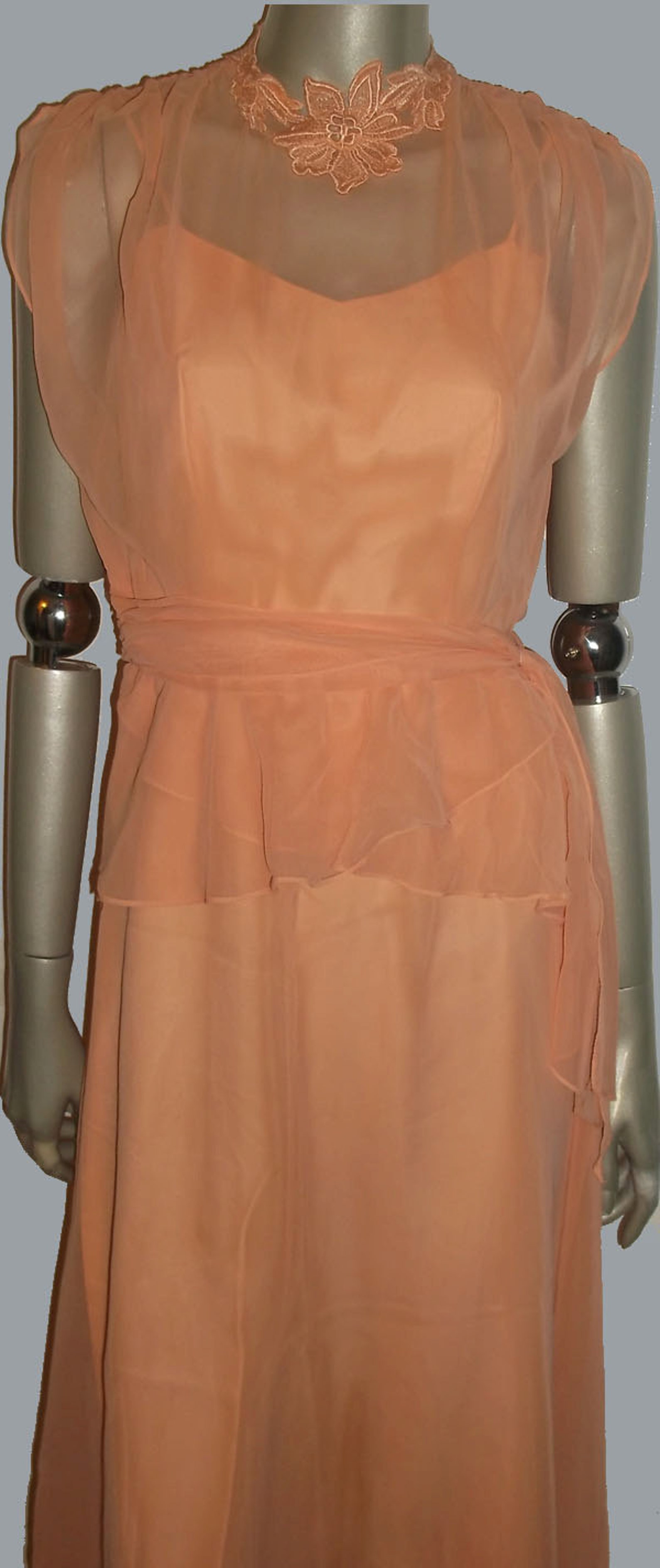 Vintage Peach See Thru Sheer Chiffon Strappy Blouson Overlay Shirred ...