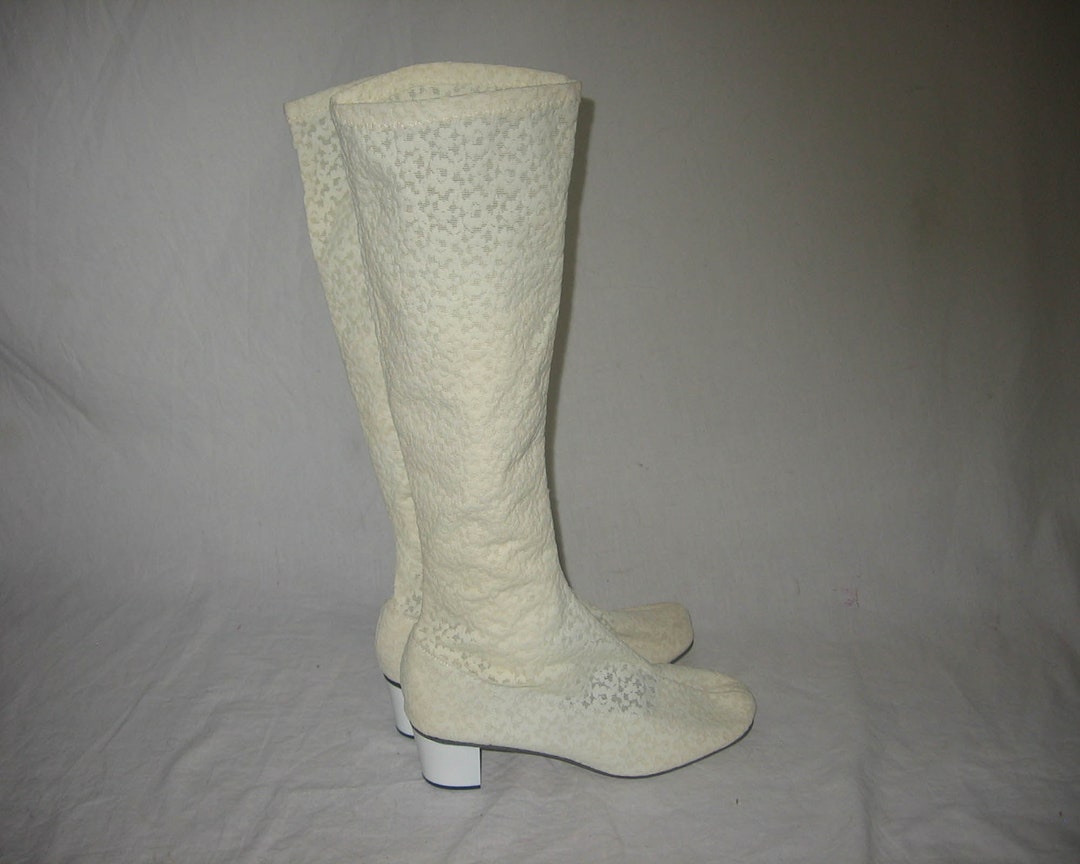 Vintage Absolutely Fabulous Rare Bertlyn White Stretch Lace Fabric Chunky Heels Mod Go Go Shoes ...