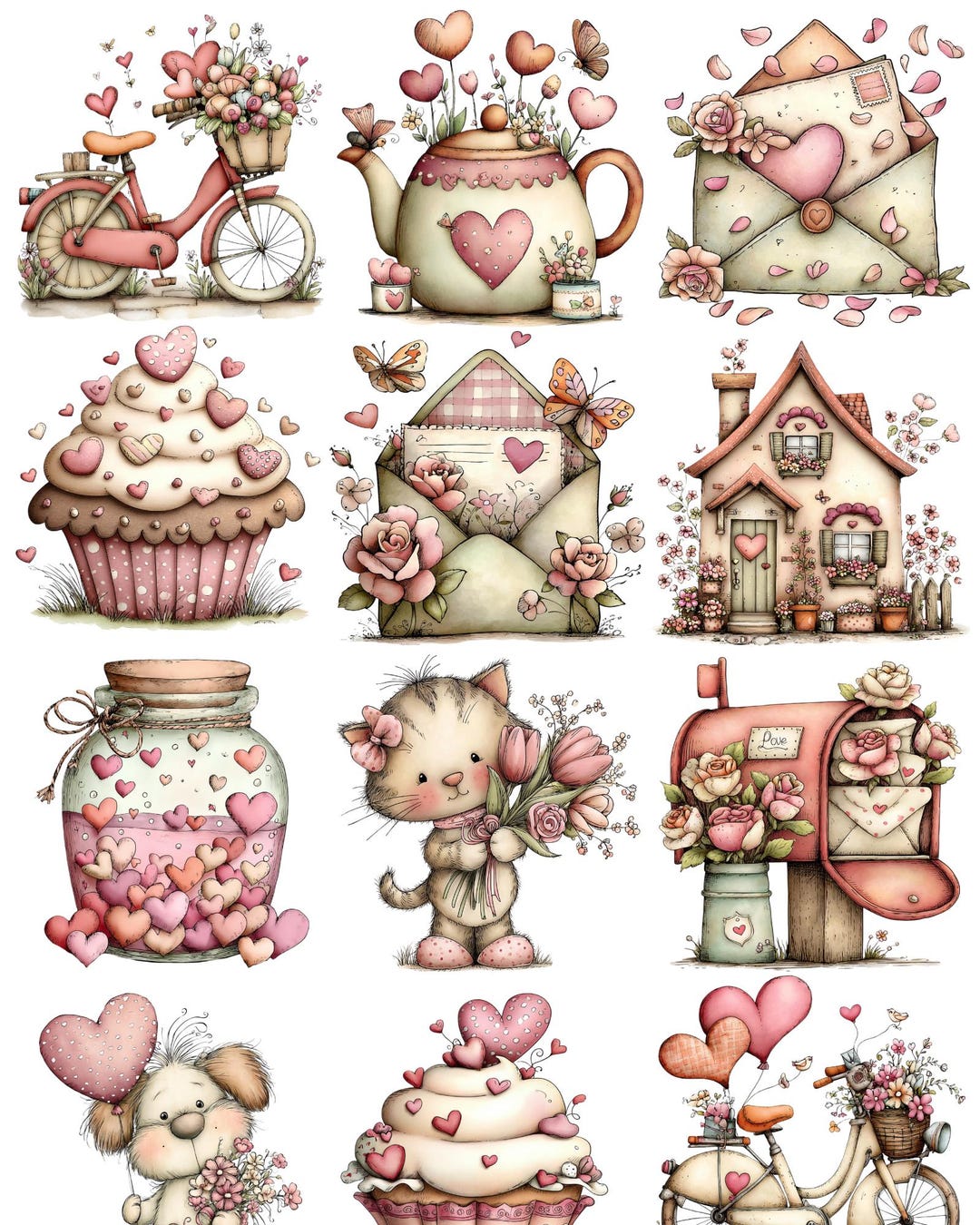 Whimsical Valentine Clipart, Watercolor PNG, Instant Download - Etsy
