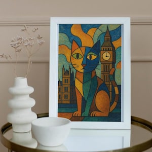 Big Ben London City Skyline Cat Art Print, Colourful Cubist London ...