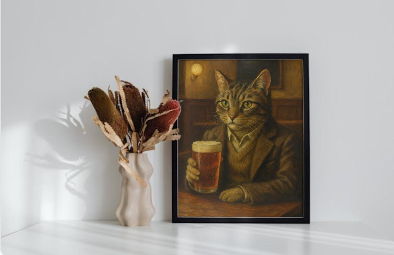 Pub Cat Art Print- Funny Cat Drinking Beer Painting- British Pub Animal ...