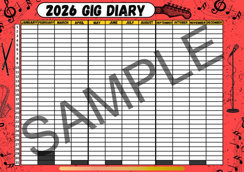 2026 Wall Poster GIG Planner RED – A1 Music Calendar (digital Download ...