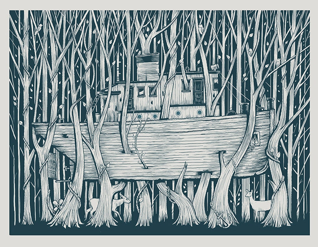 Tugboat in the Woods Navy Screen Print - Etsy