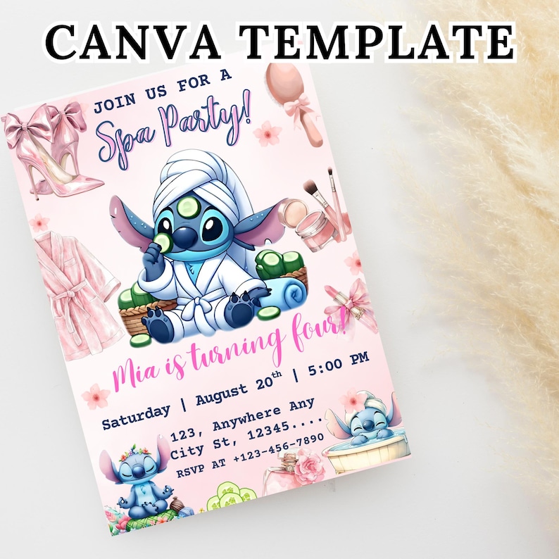 Personalized Stitch Spa Party Invitation: Editable Canva Template (5x7 ...