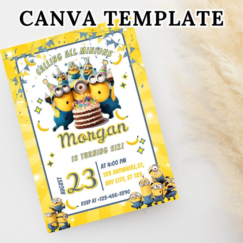 Editable Minion Birthday Invitation Template: Kids Party Invite (5x7 ...