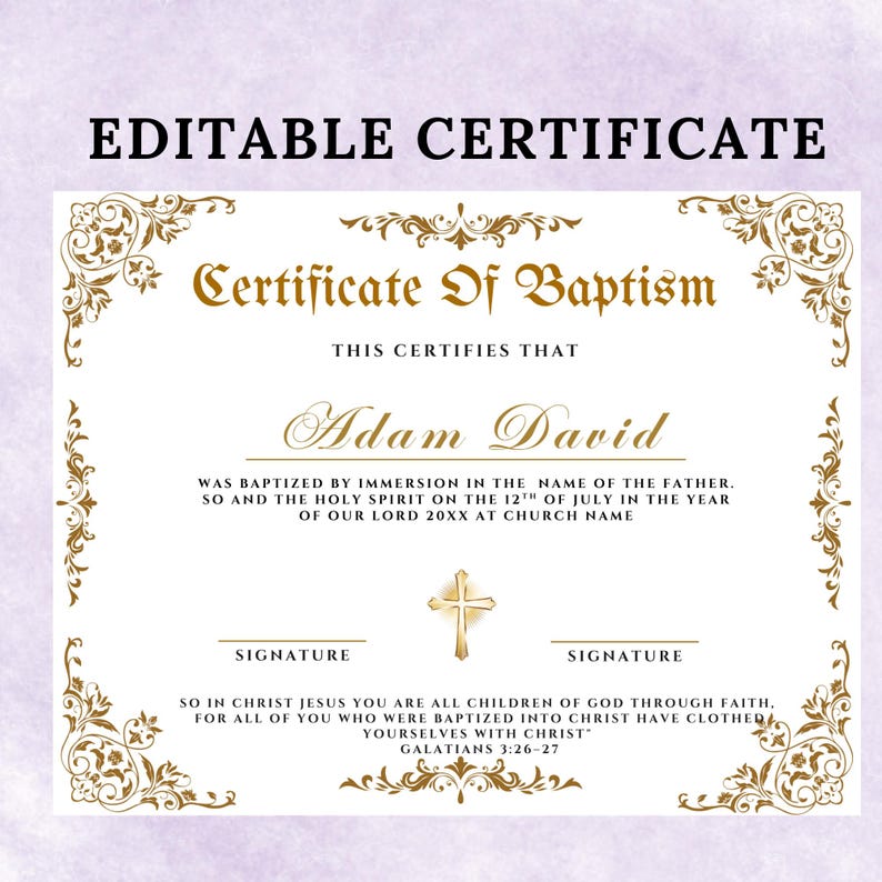 Editable Baptism Certificate Template: Custom Church Printable (canva ...