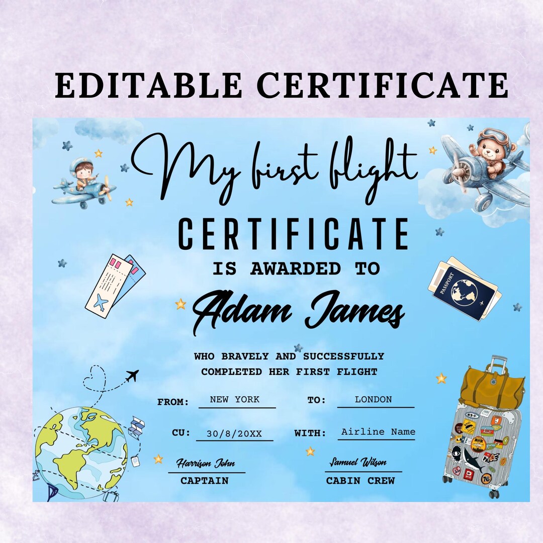 First Flight Certificate Template: Kids Travel Award (digital Download ...