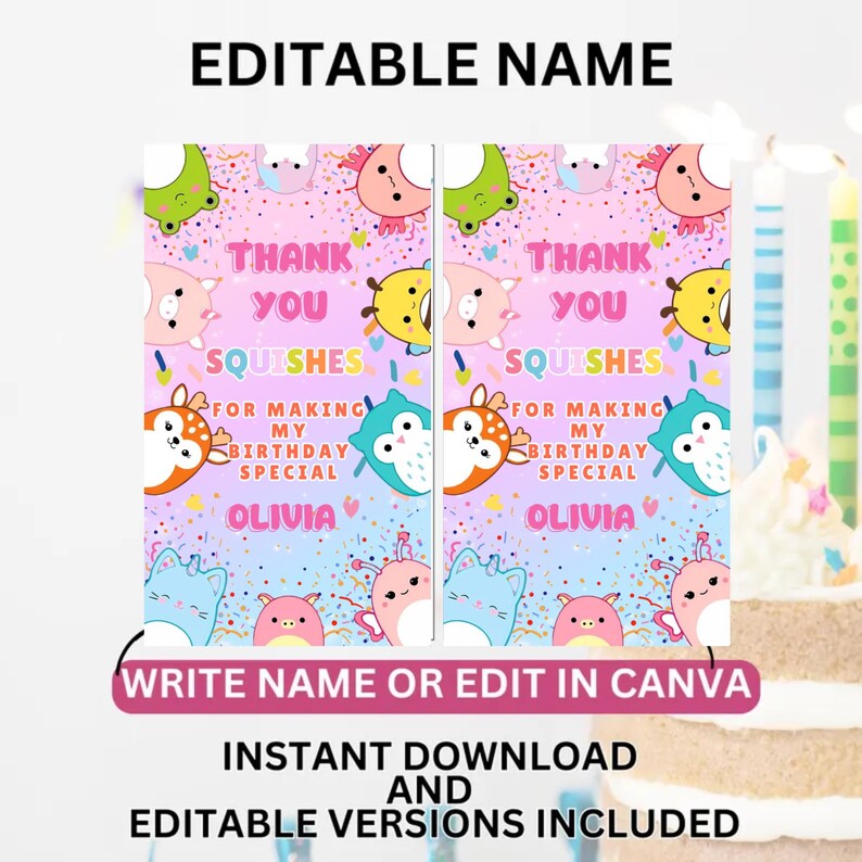 Squishmallow Birthday Gift Tag: Printable Party Favor, Canva Template ...