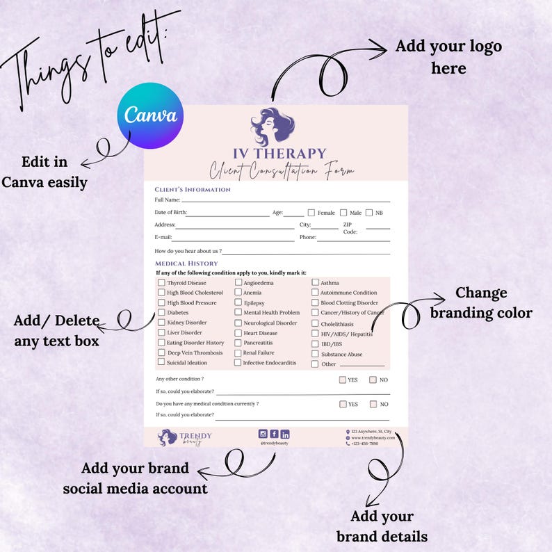 IV Therapy Consent Form Template: Client Intake, Editable Canva (digital Download) - Etsy