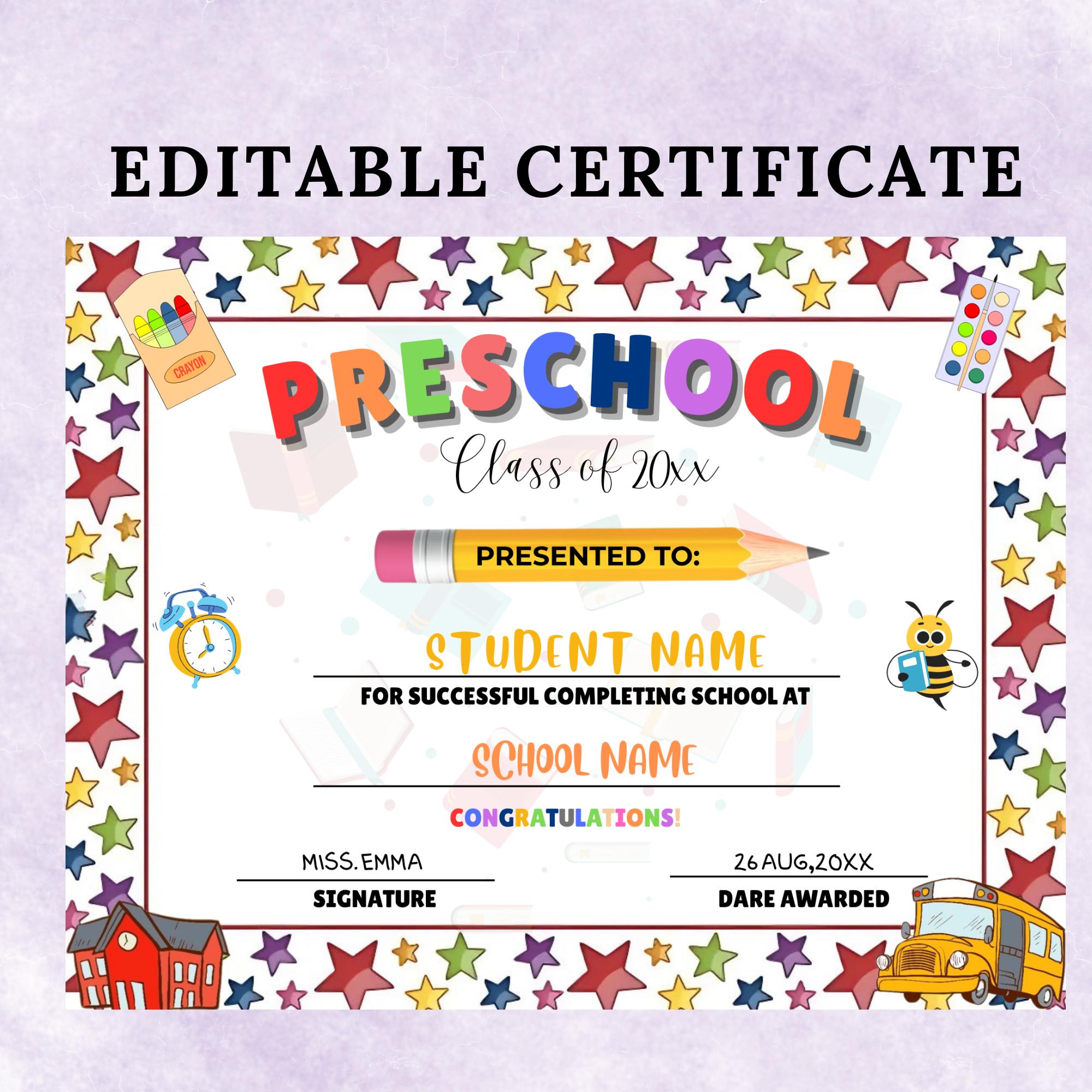 Editable Preschool Graduation Certificate: End of Year Award (digital ...