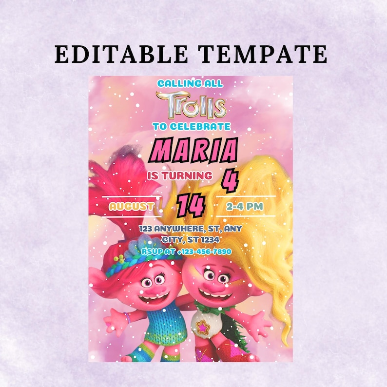 Poppy Trolls Birthday Invitation: Editable Canva Template (5x7 Inch ...