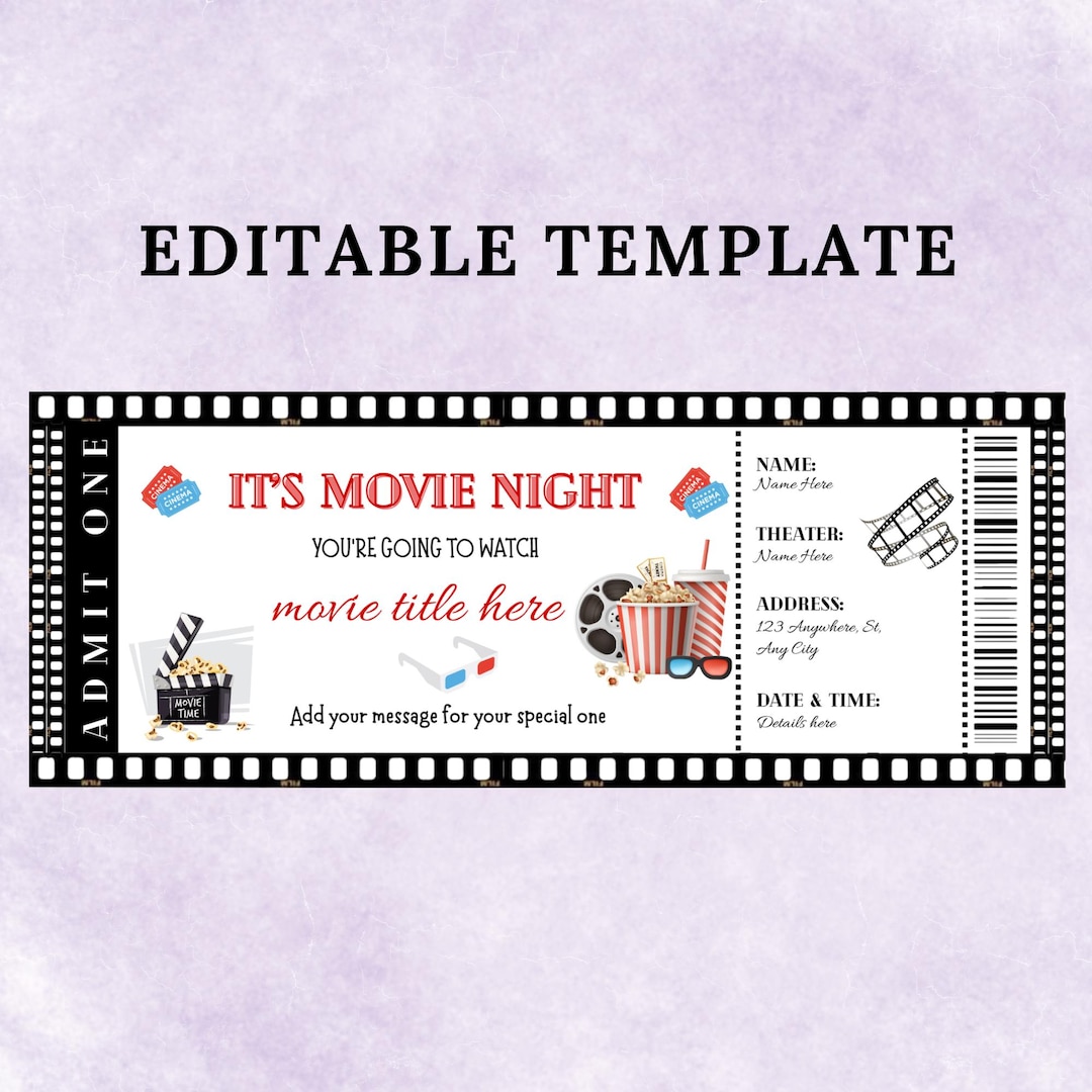 Editable Movie Night Ticket Template: Surprise Gift (canva Digital ...