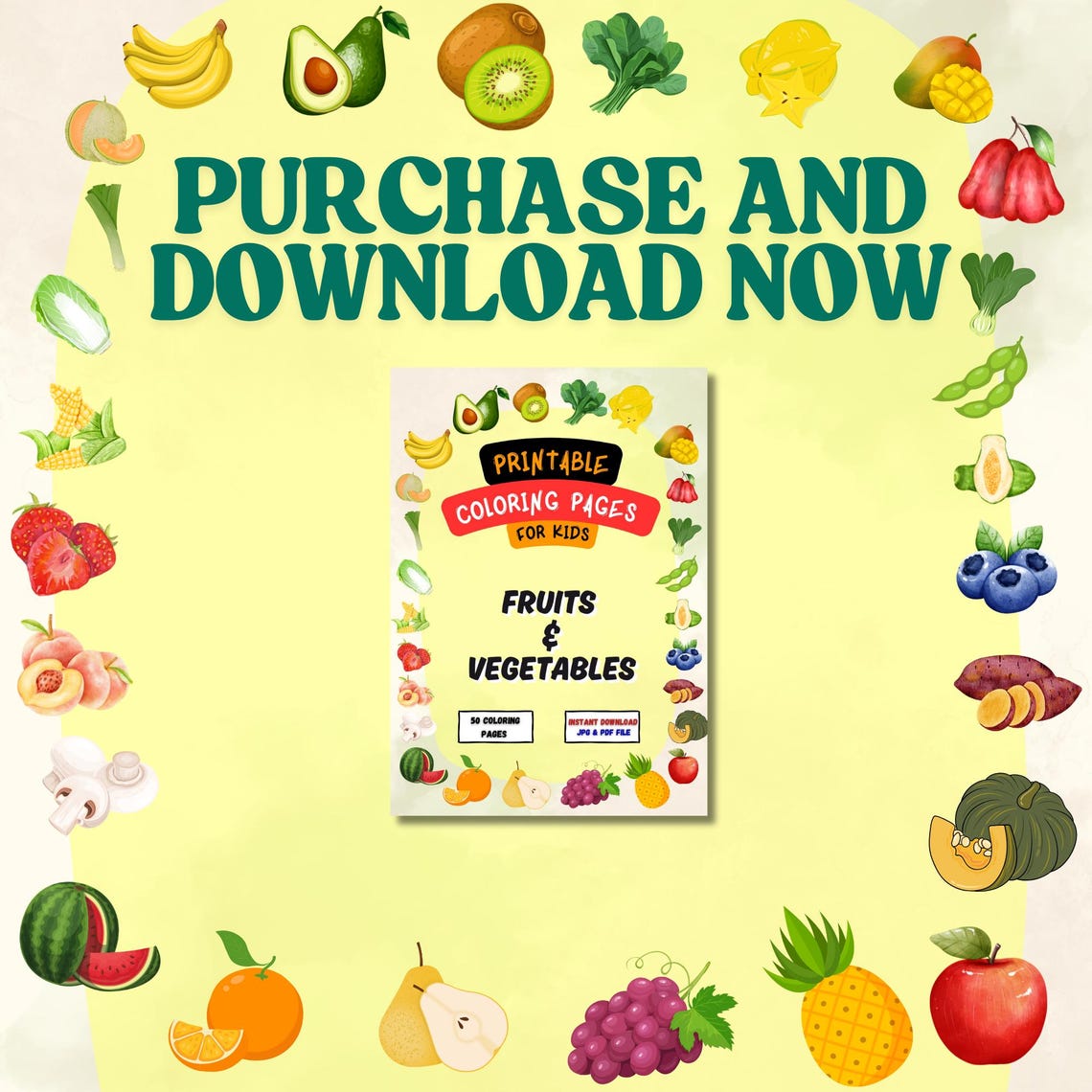 Fruits and Vegetables Coloring Pages for Kids – 50 Printable Sheets ...