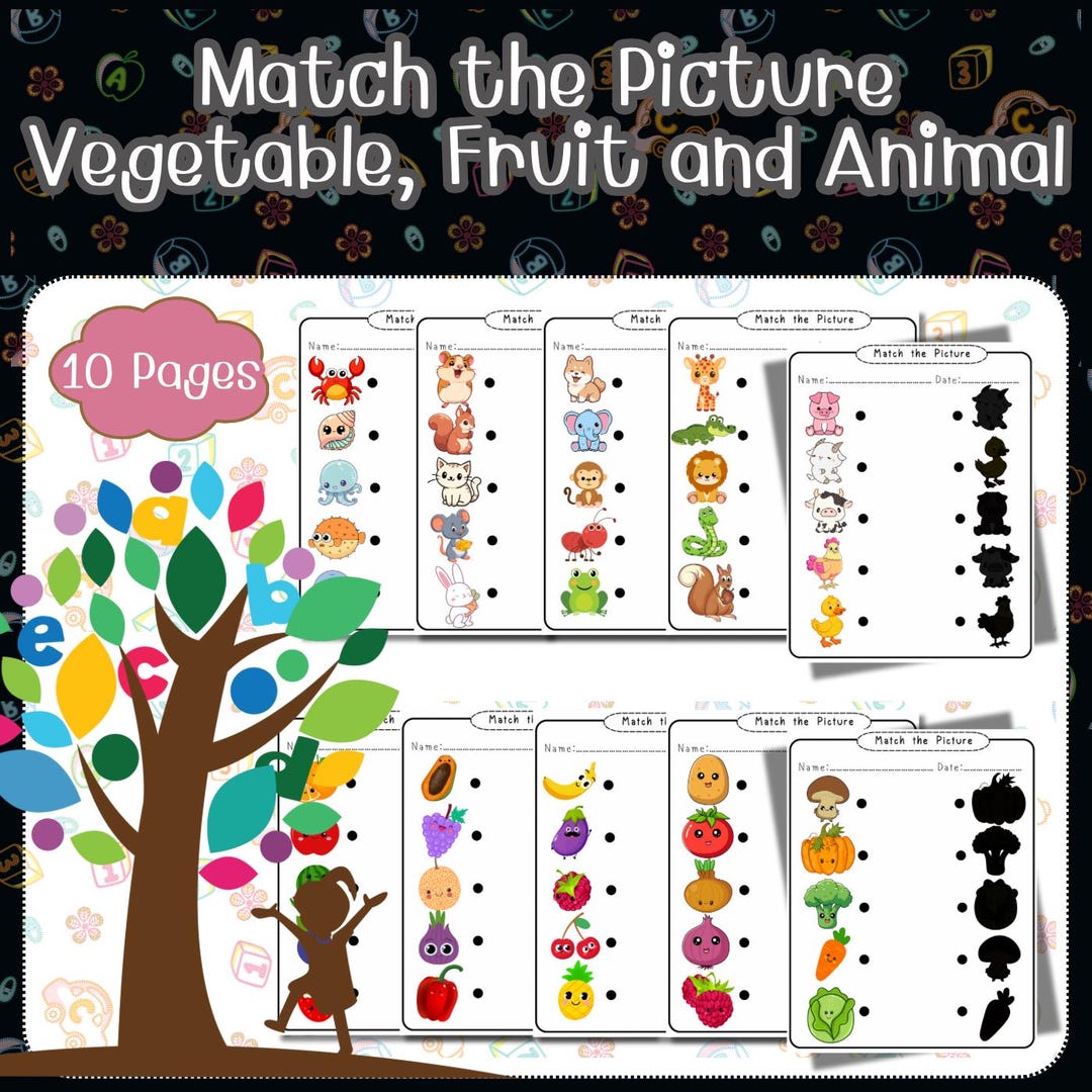 Matching Game Vegetables, Fruits & Animals Worksheet, Preschool and ...