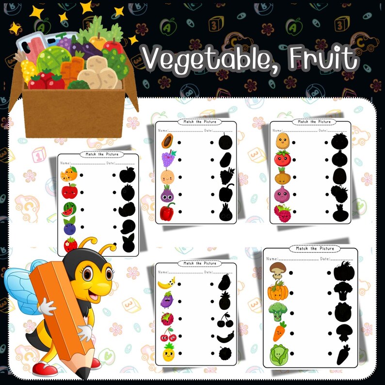 Matching Game Vegetables, Fruits & Animals Worksheet, Preschool and ...