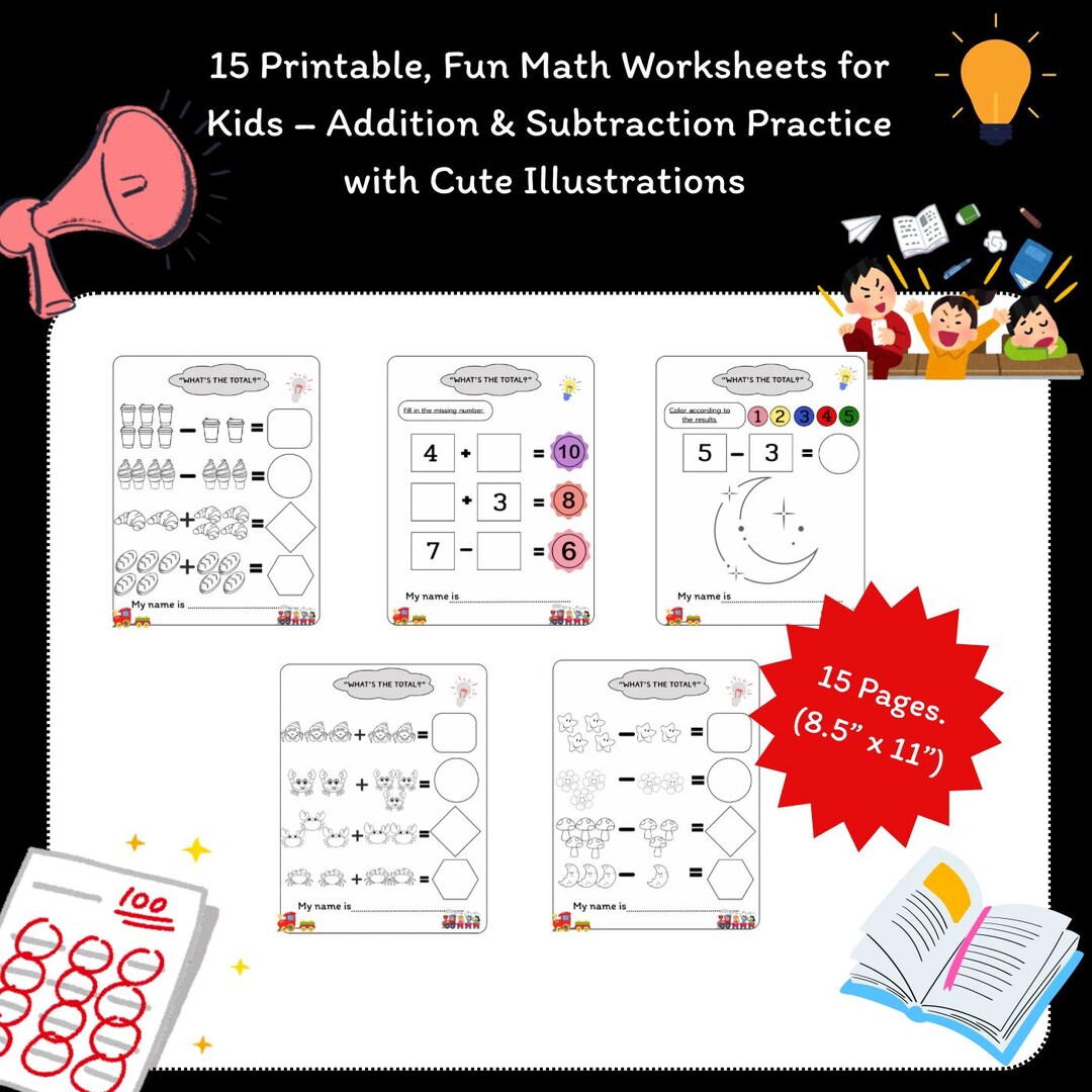 Addition & Subtraction Worksheets, Fun Math Practice (PDF) - Etsy