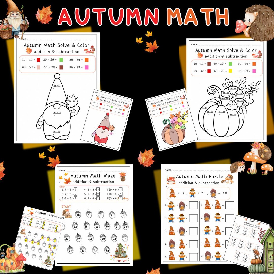 Autumn Math Worksheets: Addition, Subtraction Puzzles & Mazes (PDF) - Etsy